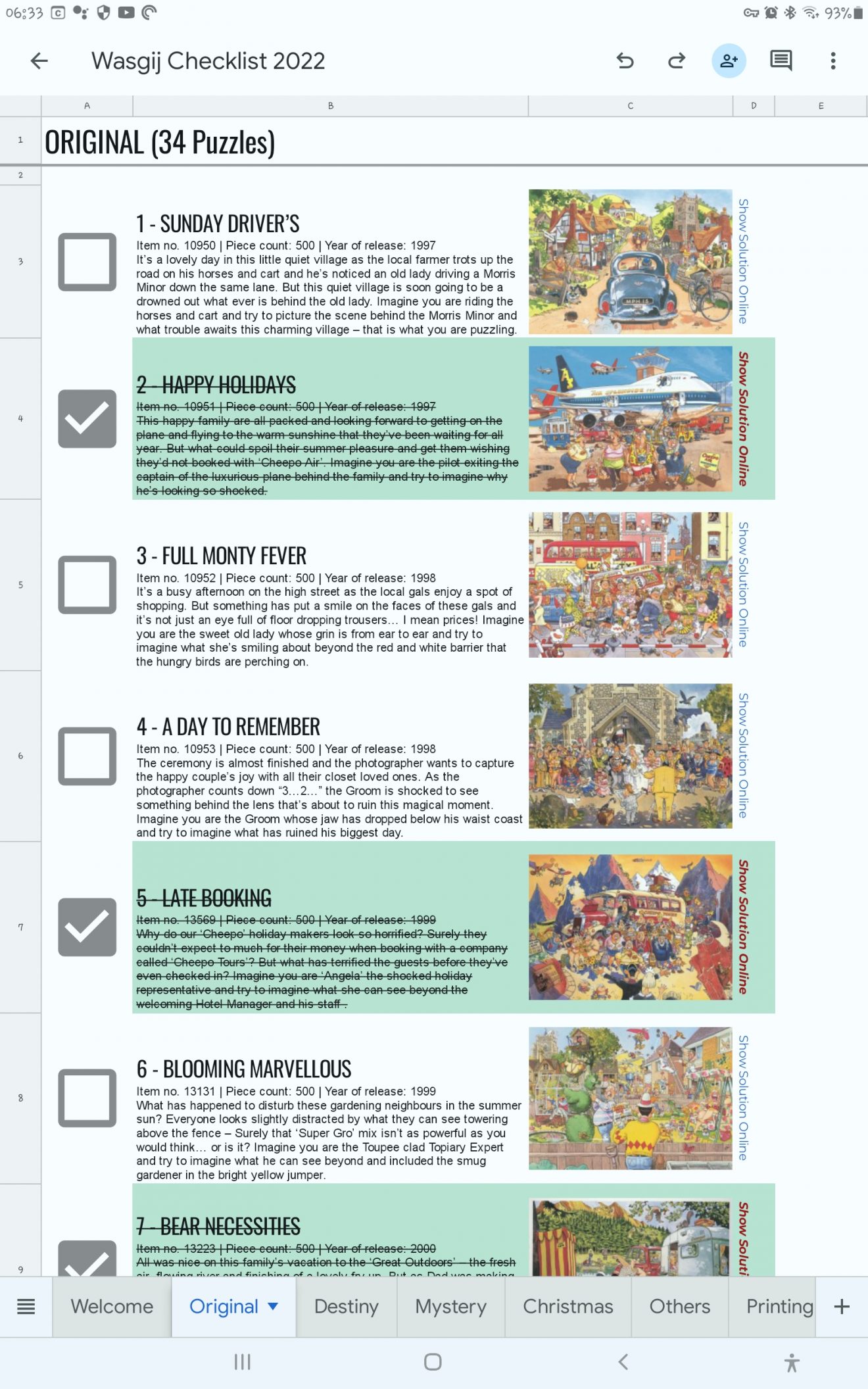 Wasgij Interactive Checklist Spreadsheet