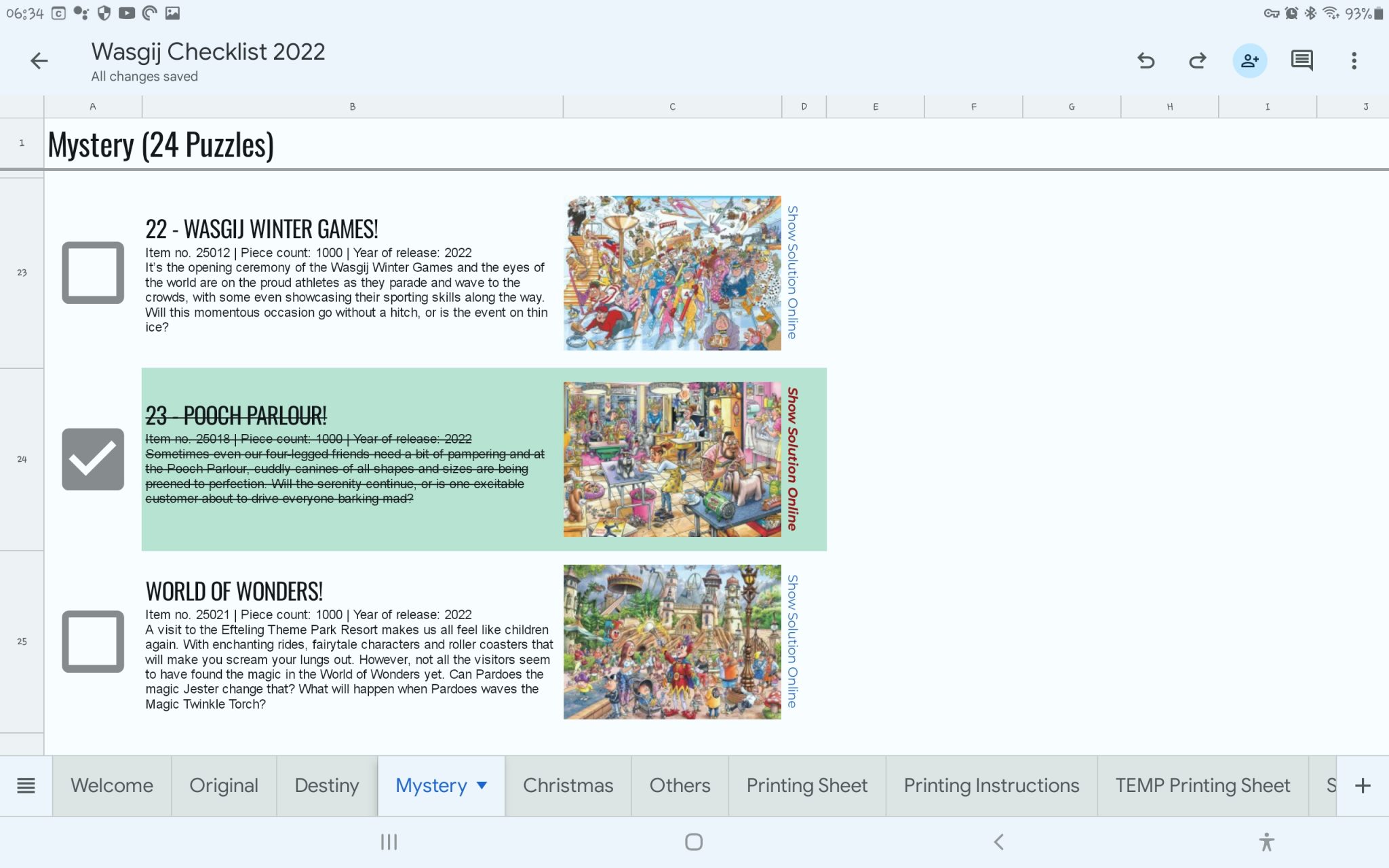 Wasgij Interactive Checklist Spreadsheet
